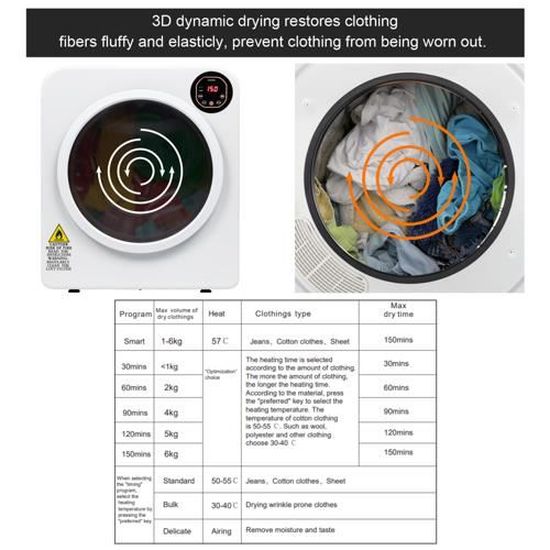 Sèche-linge électrique compact-13,2 lb /6 kg-avec affichage LED ...