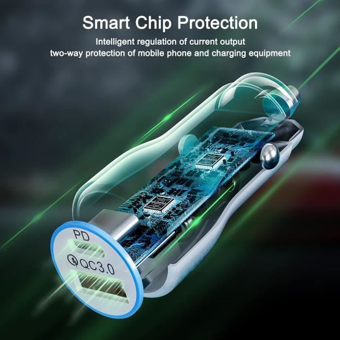 Chargeur allume-cigare pour iPhone, chargeur de voiture rapide USB C 38 W avec Pd 20 W USB-C et ...