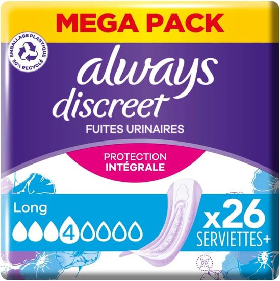 Discreet, 26 Serviettes Hygiéniques Incontinence Femme, Long 4 Gouttes ...