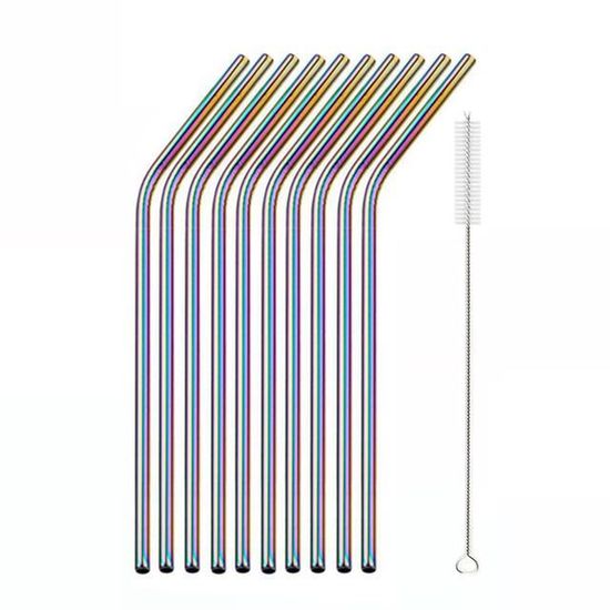 Paille en acier inoxydable,10 Rainbow Bent--Ensemble de pailles ...