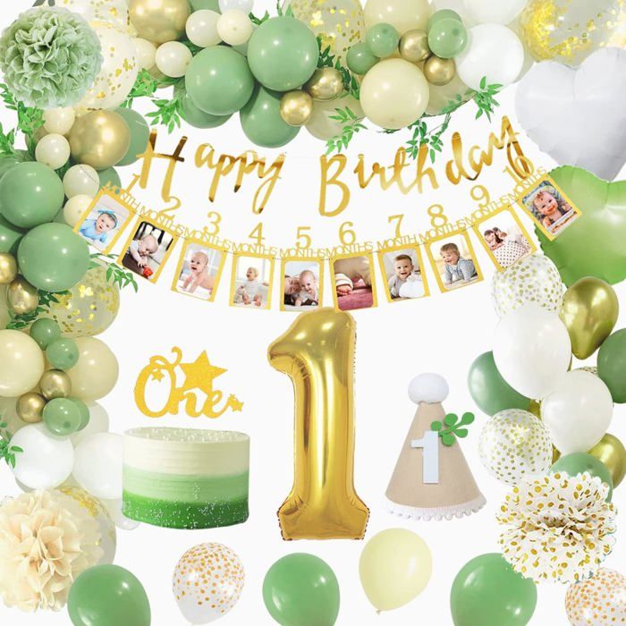 Anniversaire 1 an Decoration Fille Garcon Vert Or Ballon 1 Deco 1 ans ...