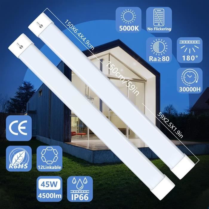 Ridgetube Barre Led 150Cm X 2, 45W 4500Lm Tube Neon, Ip66 Eclairage Led ...