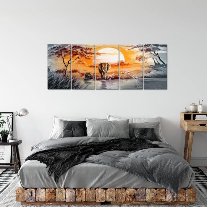 Tableau Mural Xxl Afrique L'Éléphant 200 X 80 Cm Gris Orange 5 Parties ...