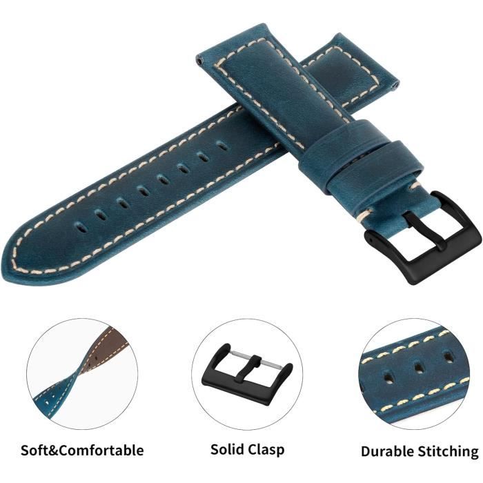 Bracelet De Montre En Cuir Pour Homme – 20Mm 22Mm 24Mm Noir Vintage ...