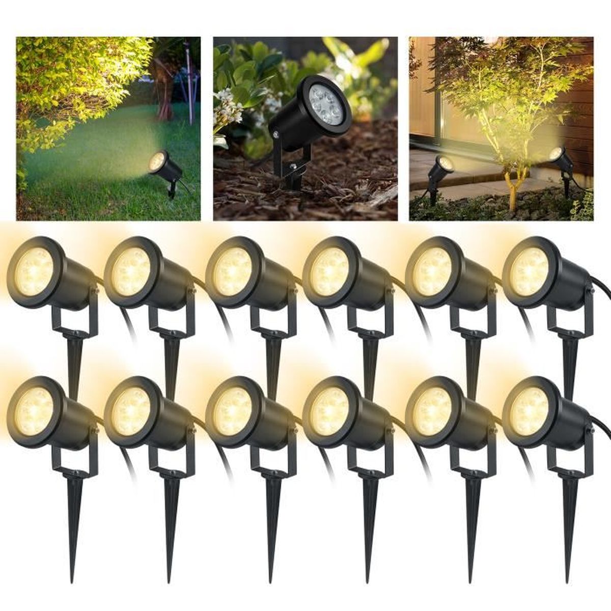 XMTECH Lot de 12 spots de jardin LED 4 W avec piquet - Blanc chaud ...