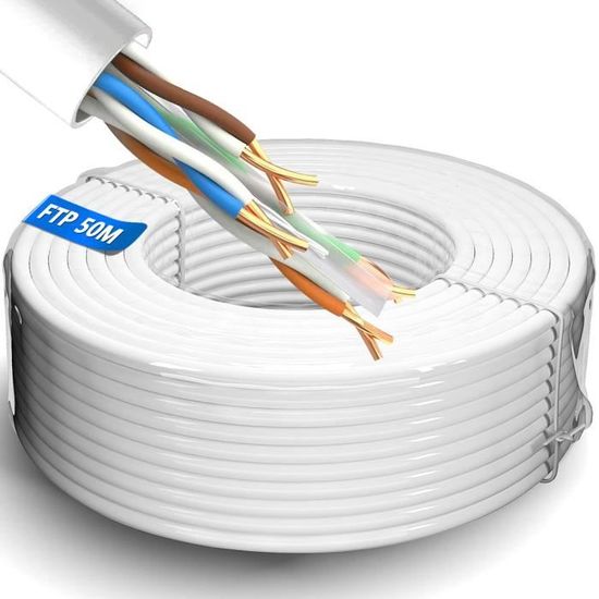 Câble Ethernet 50m, Cable RJ45 Blindé Câble Réseau 50m Blanc, FTP 23AWG ...
