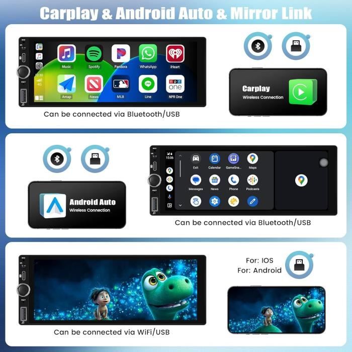 Autoradio Dab-Dab+1 DIN Bluetooth avec Carplay Android Auto, écran ...