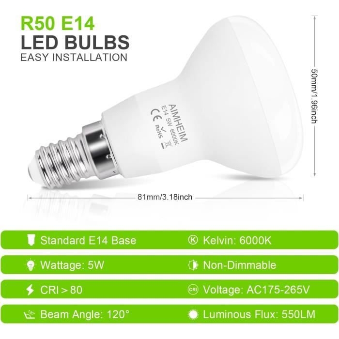 E14 Led Spot R50 Blanc Froid 6000K 5W Équivalent Halogène 40W, Ampoule ...