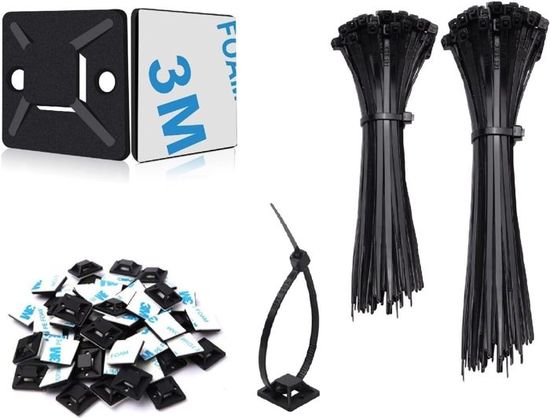 200Pcs Attache Cable 120mm/150mm et 100 Pcs Base de Auto-adhésives - Serre Cable - Attache Cable ...