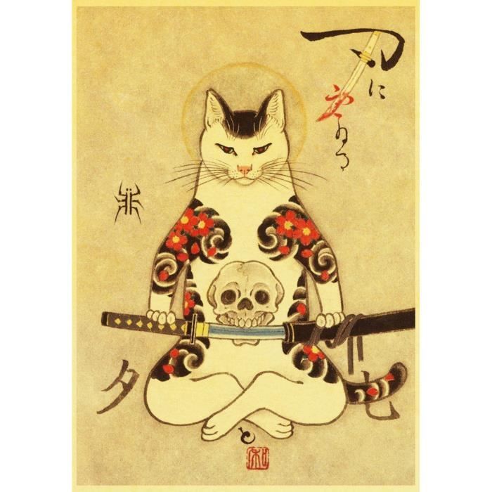 Tableau - Toile Affiches rétro de tatouage de chat samouraï japonais - E064 - 30X21cm ...