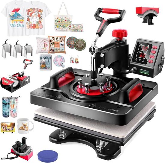 8 En 1 Presse à Chaud 31x38CM Machine de Transfert à Chaleur Plateaux Pivotant à 360° pour Tasse ...