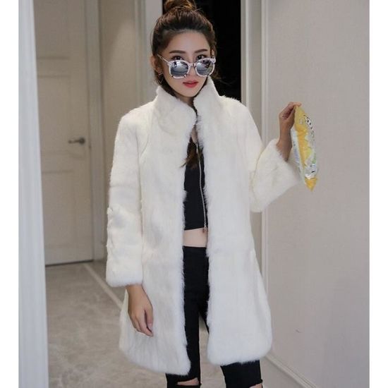 Véritable manteau de fourrure de lapin femmes fourrure de lapin longue ...