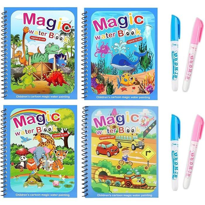 4 Pièces Réutilisable Livre Magique à eau, Livre de Dessin Magique avec ...