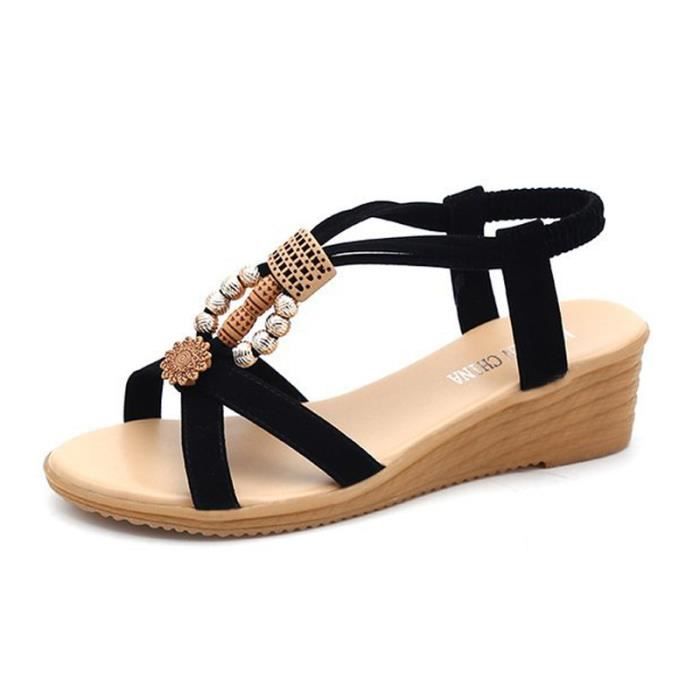 Sandales Femme - Compensé - Style Bohème - Noir Noir - Cdiscount Chaussures