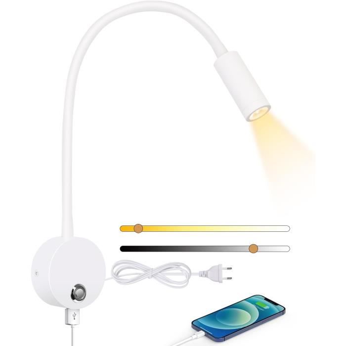 Lampe De Lecture Murale Avec Interrupteur Tactile À Intensité Variable 3 000 K - 6 000 K Et Port ...