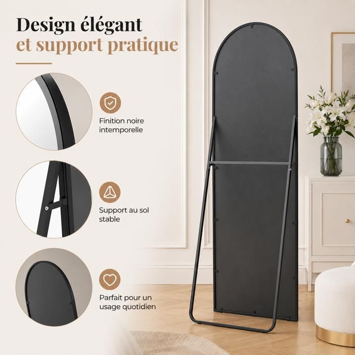 180 x 80 cm Miroir sur pied arqué, en verre trempé, avec un cadre en ...
