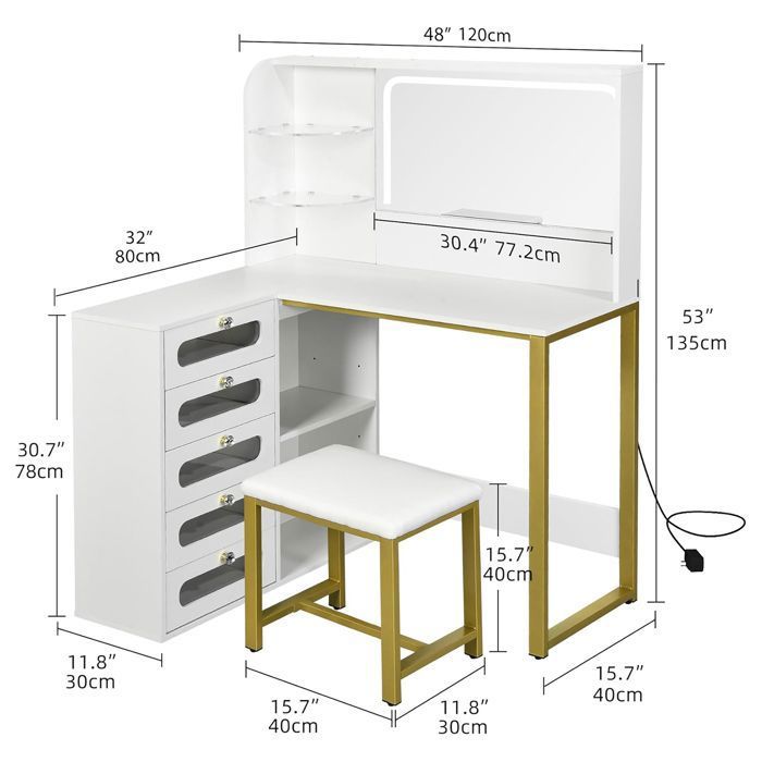 Coiffeuse avec Miroir Led et Tabouret,Coiffeuse avec 5 Tiroirs ...