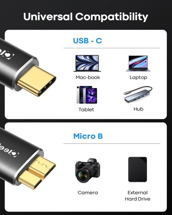 Noir Cable USB C vers Micro B 2m, USB 3.1 10 Gbit/s Micro B vers USB C pour Disque dur Externe ...