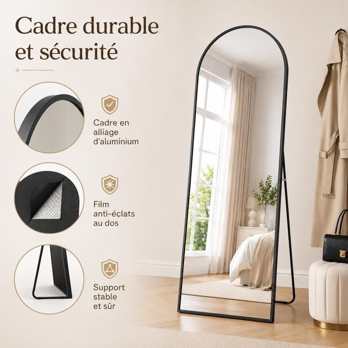 180 x 80 cm Miroir sur pied arqué, en verre trempé, avec un cadre en ...