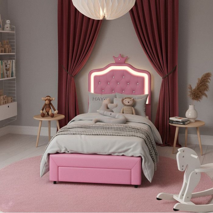 Lit fille 90x200cm avec LED, lit Enfant avec tête de lit Couronne, lit ...