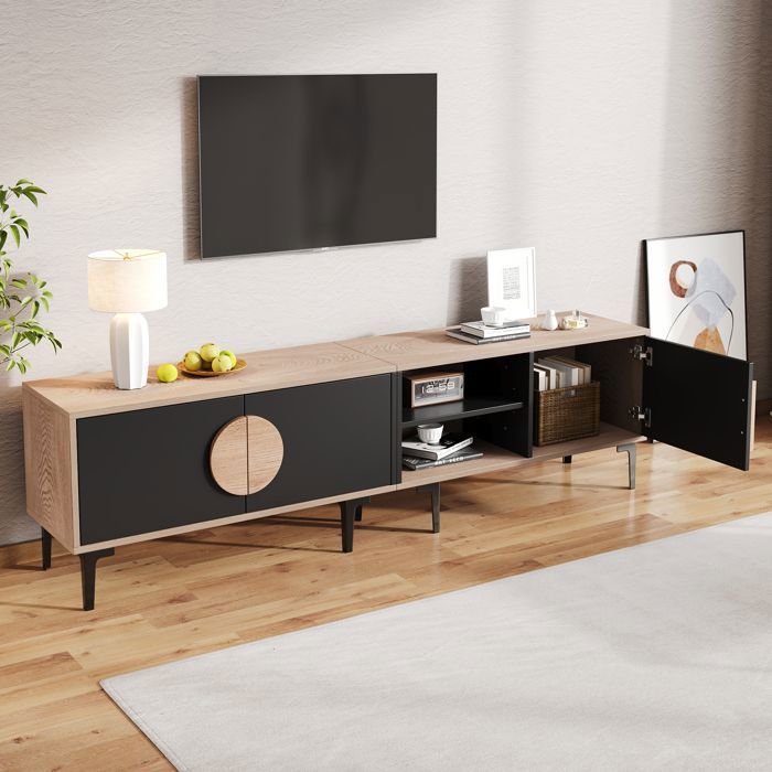 Meuble TV, 180cm, meuble bas de salon, trois portes, étagères ouvertes ...