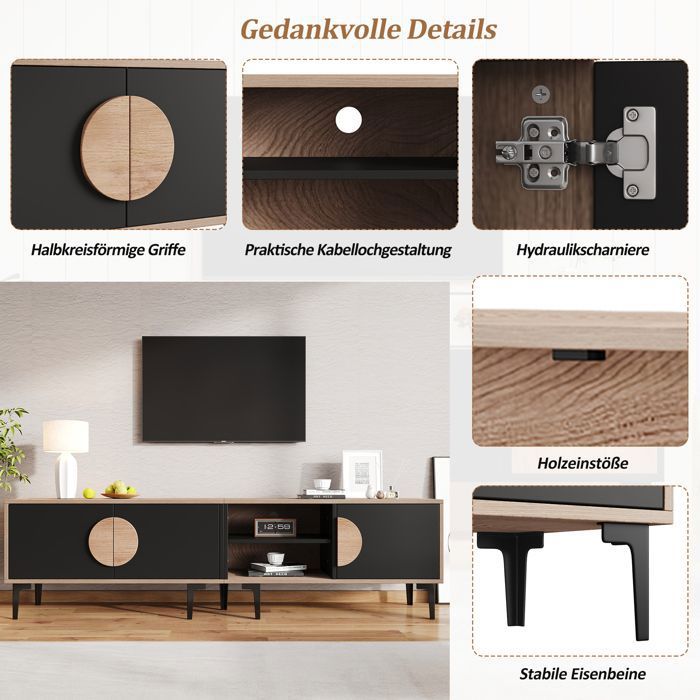 Meuble TV, 180cm, meuble bas de salon, trois portes, étagères ouvertes ...