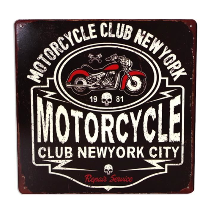 Plaque métal rétro 'Motorcycle Club New York' noir vintage - 30x30 cm ...