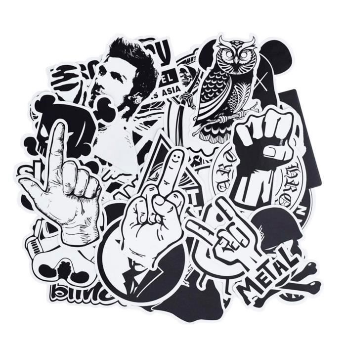 100 autocollants stickers en NOIR et BLANC et GRIS fun étanches et ...
