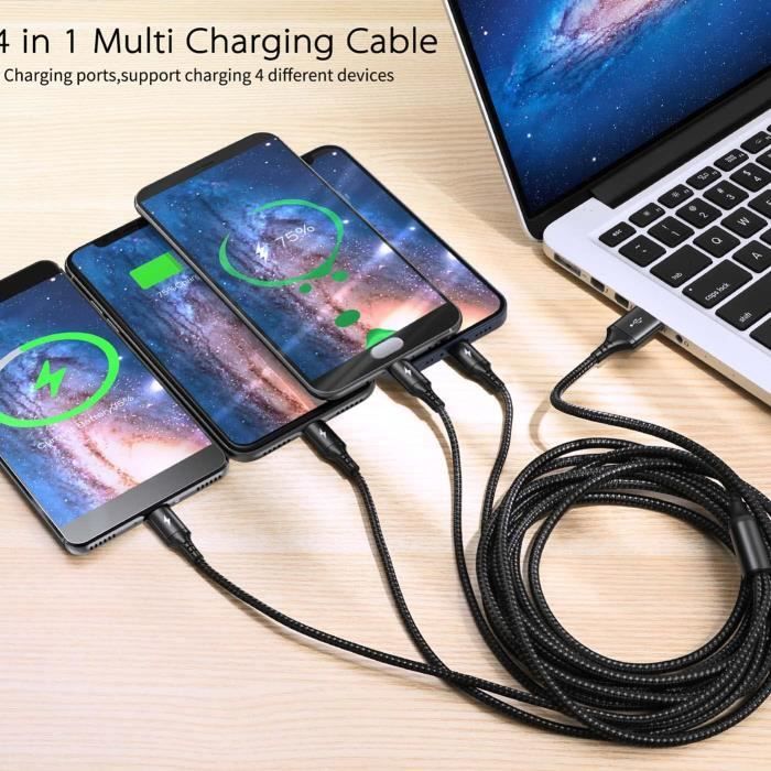 Câble Multi Usb,[4A-3M] 4 En 1 Universel Multi Chargeur Câble De Chargement Avec 2*Ip-Micro Usb ...