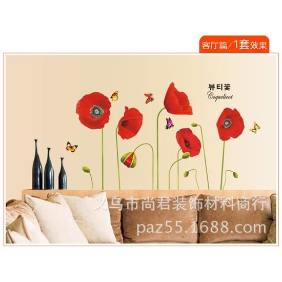 Sticker mural fleurs rouge et les papillon stickers muraux - Cdiscount ...