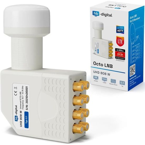 Universal Octo LNB Blanc - UHD 4K Full HD DVB-S-S2 - Facteur de bruit ...