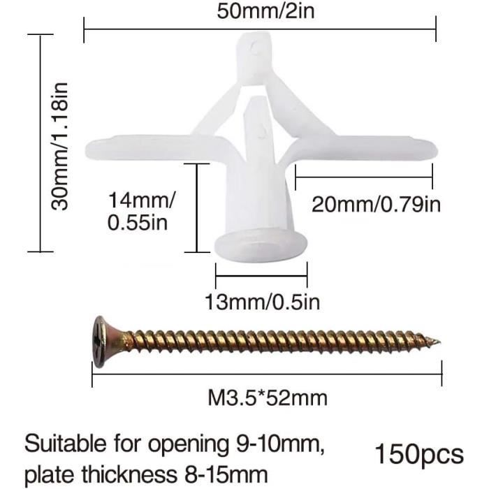 150 Pièces Chevilles Pour Plaque De Plâtre, Chevilles Avec Vis Pour ...