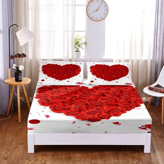 Drap Housse 200X200 Coeur Blanc Drap-Housse Des Roses Drap Plat Pour ...