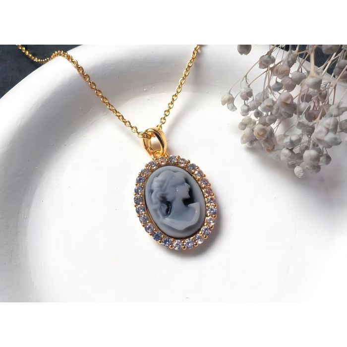 Collier - Femme - Chaîne et Pendentif - Médaille - Ovale - Camée - Gris ...
