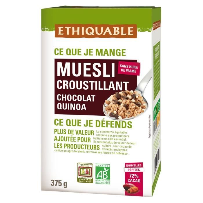 LOT DE 2 - ETHIQUABLE - Muesli Croustillant Chocolat Noir Quinoa Bio ...