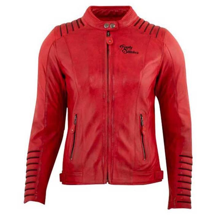 Veste en cuir de moto - Rusty Stitches - Amanda - Rouge-Noir - Femme ...