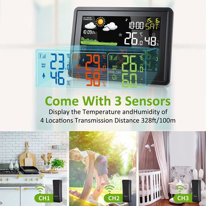 Station météo sans fil avec 3 capteurs extérieurs thermomètre numérique Hygromètre Avec ...