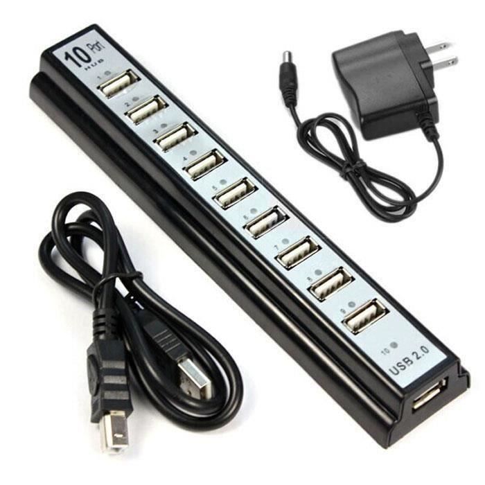 Hub USB 2.0 Hi-Speed 10 ports + adaptateur secteur pour ordinateur ...