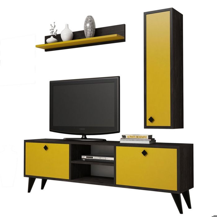 Ensemble Meuble TV + Rangement + Étagère Plenus 150cm Bois Noir et ...