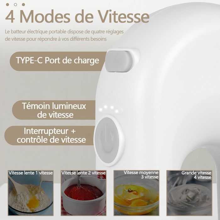 Batteur Electrique Cuisine, Batteur à Main Sans Fil, USB Rechargeable ...