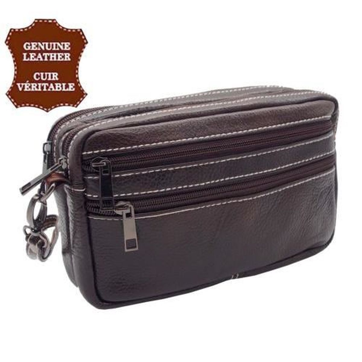 Sac Sacoche à main Homme cuir de vachette Véritable MARRON FONCE ...