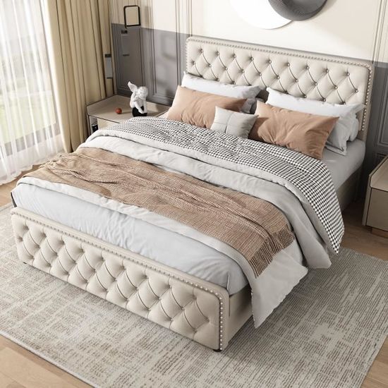 Merax Lit double capitonné 160x200 cm avec 4 tiroirs, tête de lit ...