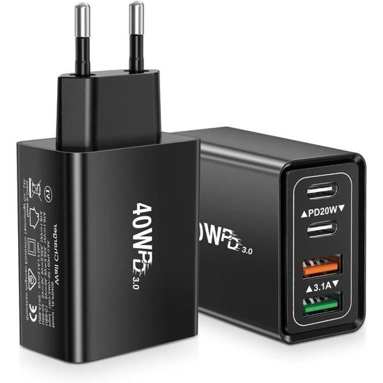 2 Pack 40W Chargeur Usb C, 4-Port Chargeur Portable (2* Usb-C+2*Usb-A ...