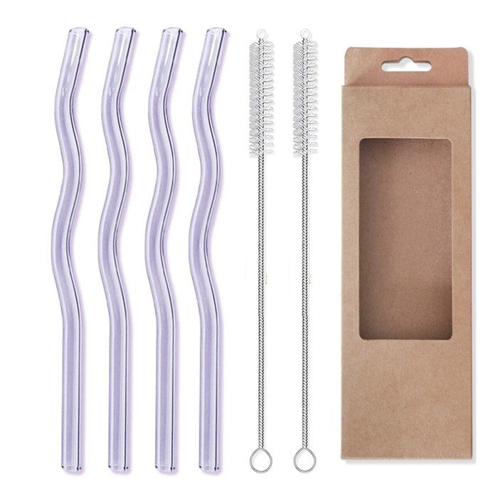 Pailles à boire réutilisables en verre ondulé,cuillère à soupe,paille à ...