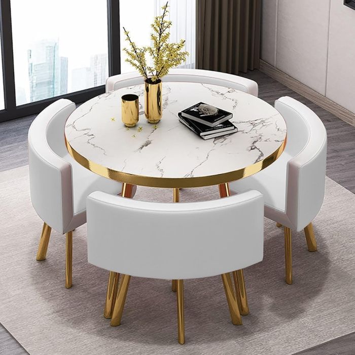 Table à manger ronde et chaises encastrable PopUp - Marbre blanc ...