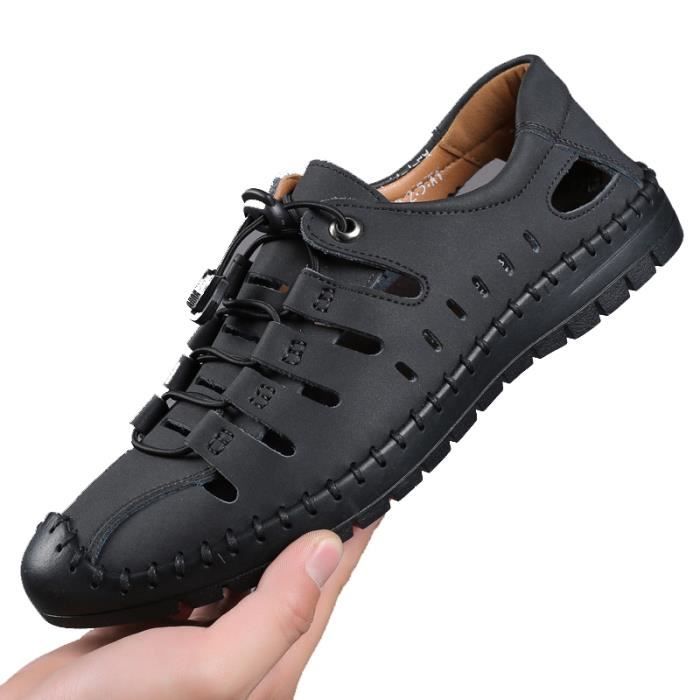 Sandales Homme Cuir Confort - Noir - Boucle de serrage - Plat Noir ...