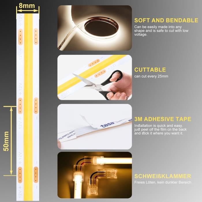 Bande Led 5 M 12 V Cob Avec Télécommande Rf, Contrôle Par Application ...