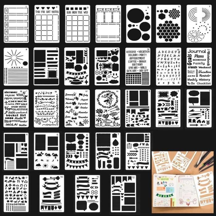 THATSRAD 30 PCS Bullet Journal Pochoir Plastique Pochoir à Dessin ...