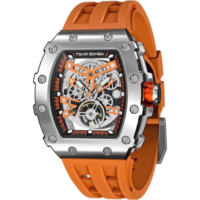 Montre Automatique Squelette Homme Luxe Carrée Tonneau Montres Silicone ...