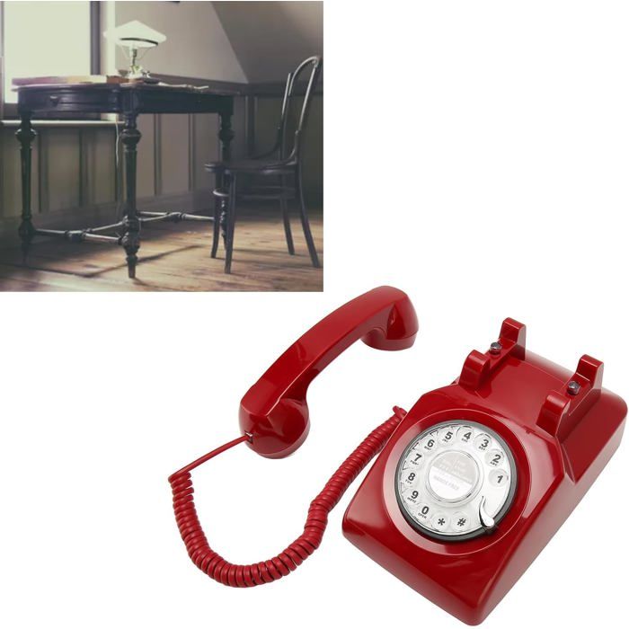 Téléphone fixe vintage à cadran rotatif - SUTEO - Rouge - Sonnerie ...
